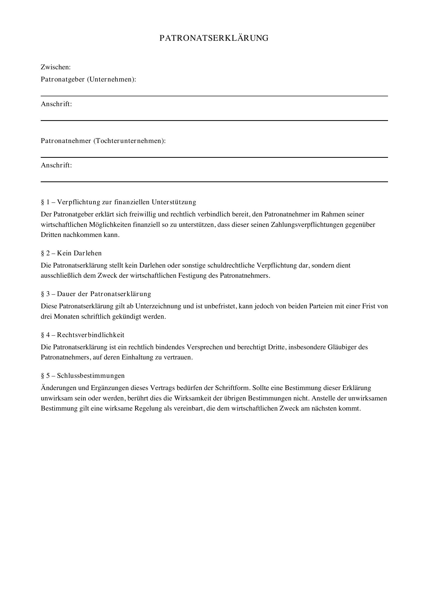 Patronatserklärung Muster Ihk