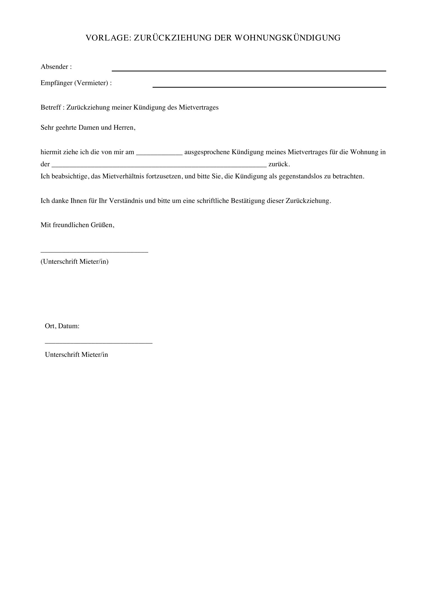 Wohnungskundigung Zuruckziehen Vorlage