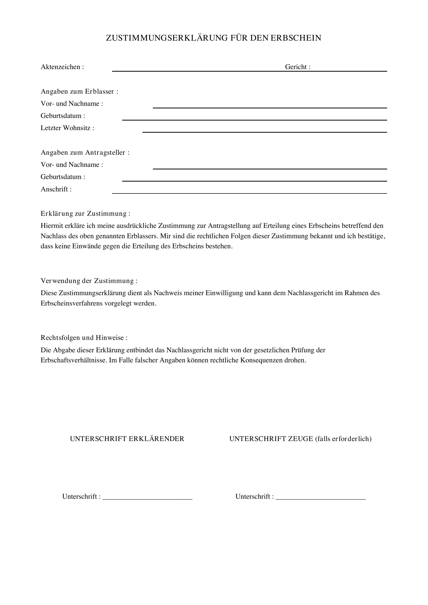 Zustimmungserklärung Erbschein Muster